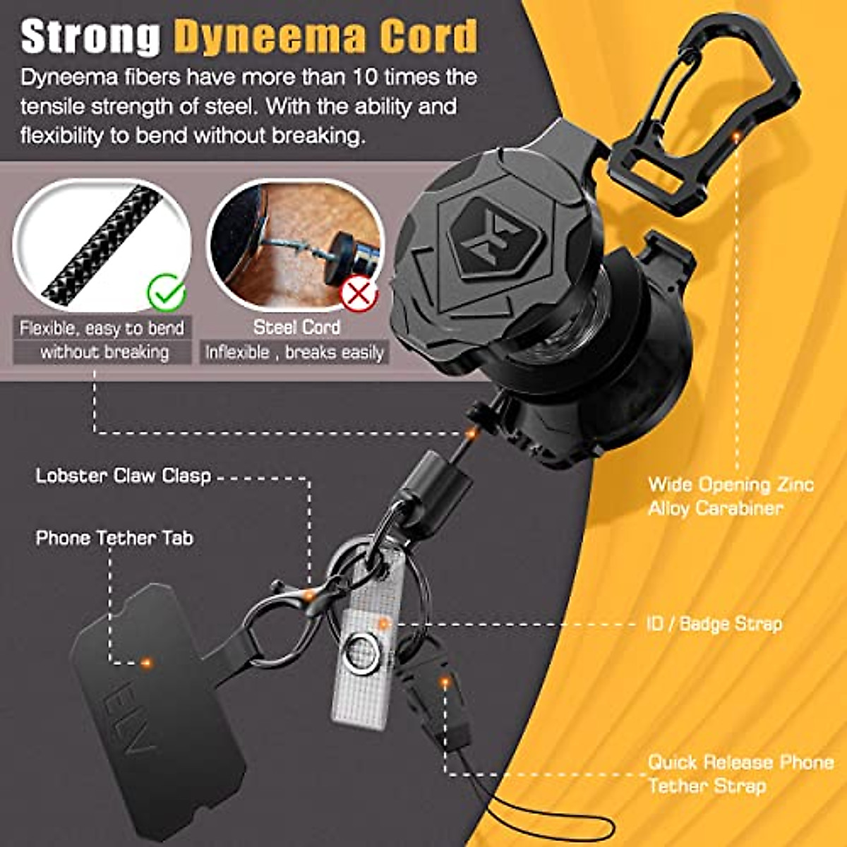 ELV Heavy Duty Retractable Keychain with Magnetic Closure and Carabiner, Retractable ID Badge Holder Clip, Retractable Badge Reel with 31” Dyneema Cord, Key Ring, Lobster Claw Clasp and Phone Tethers