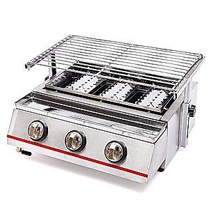 YUNLAIGOTOP 3-Burner BBQ Gas Grill, 2800Pa Commercial Gas LPG Grill, Portable Flat Top BBQ Cooker, Smokeless Gas LPG Grill with Steel Shield, BBQ Gas Grill for Outdoor/Camping/Picnic