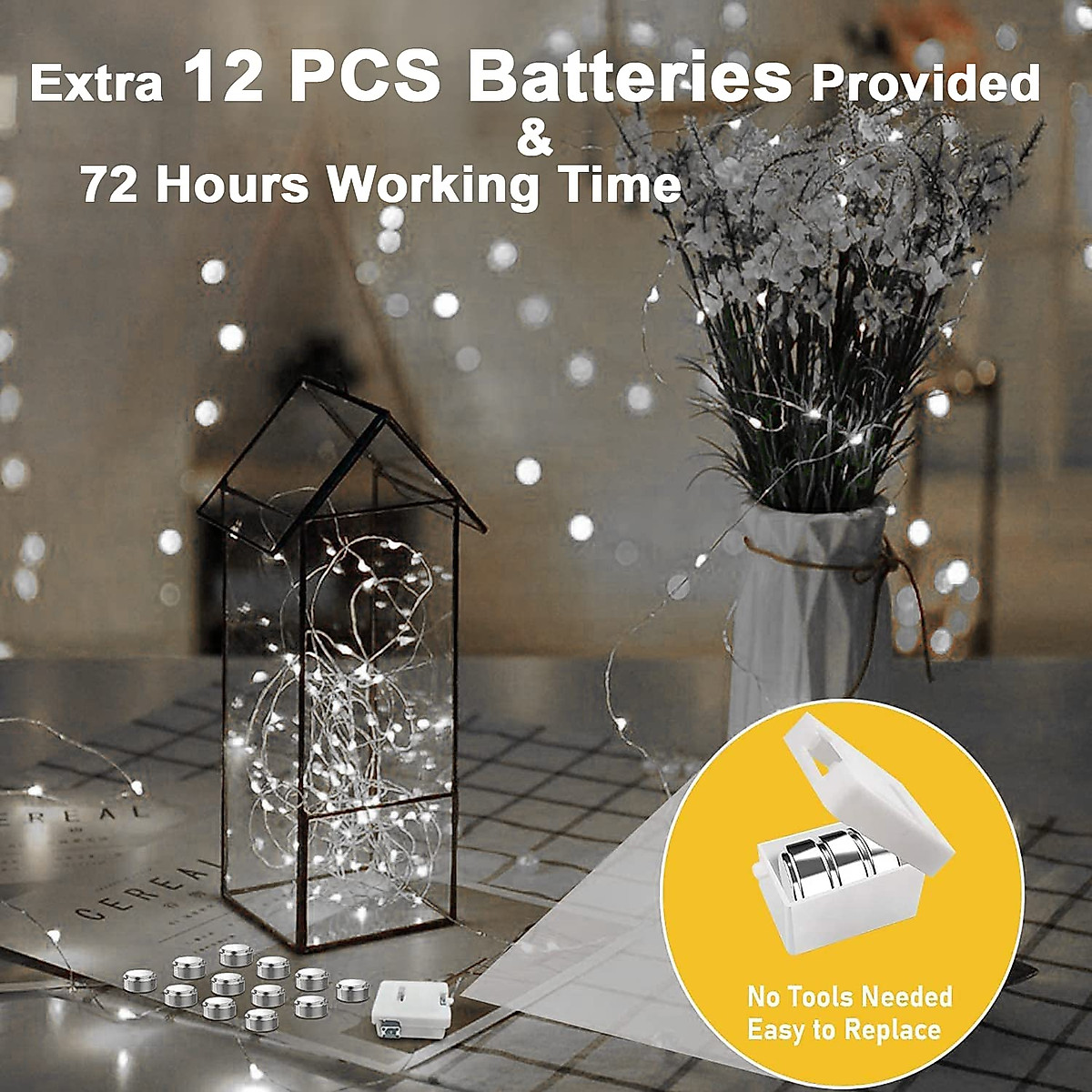 12 Pack White Fairy Lights Battery Operated, 3 Speed Modes, Extra 12 Batteries for Replacement, 7Ft 20 LED Mini String Lights, Waterproof Silver Wire, Twinkle Firefly Lights for Christmas Decorations