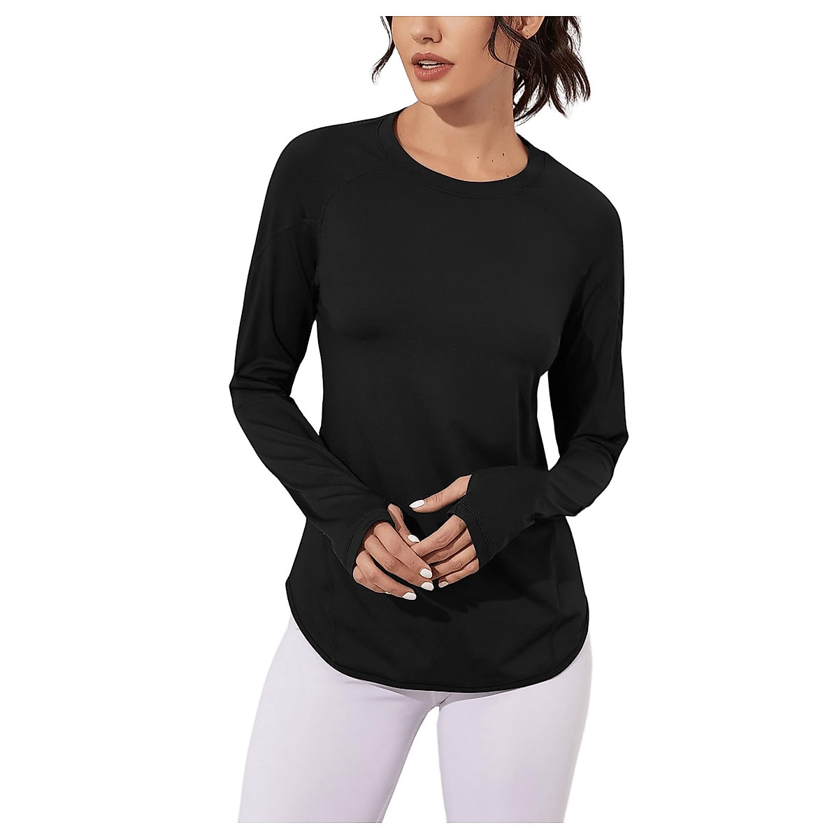 MakeMeChic Women's Long Sleeve Workout Tops Lightweight SPF Yoga Tops Tee Shirts Black L