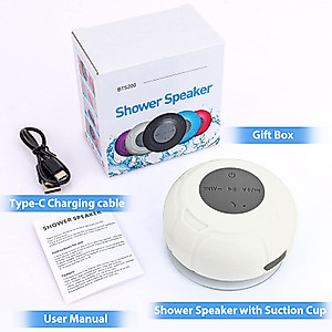 Bluetooth Shower Speaker Waterproof Portable Wireless Water-Resistant Speaker Suction Cup Built-in Mic Gifts for Kids Speakerphone for iPhone Phone Tablet Home Bathroom Kitchen Outdoors - White