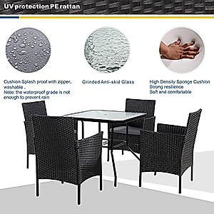 Shintenchi Outdoor Patio Furniture 5-Piece Indoor Outdoor Wicker Dining Set, Square Tempered Glass Top Table with Umbrella Hole and 4 Chair Set， Black