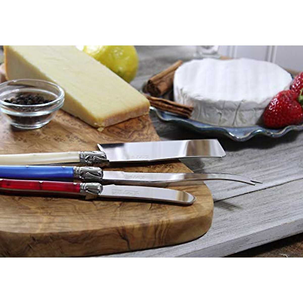 Laguiole Connoisseur Cheese Knife Set of 3 – Stainless Steel Cheese Knives Set – Cheese Spreader, Spear & Cleaver Knife – Luxurious Charcuterie Accessories for Parties (3-Piece, Red/White/Blue)