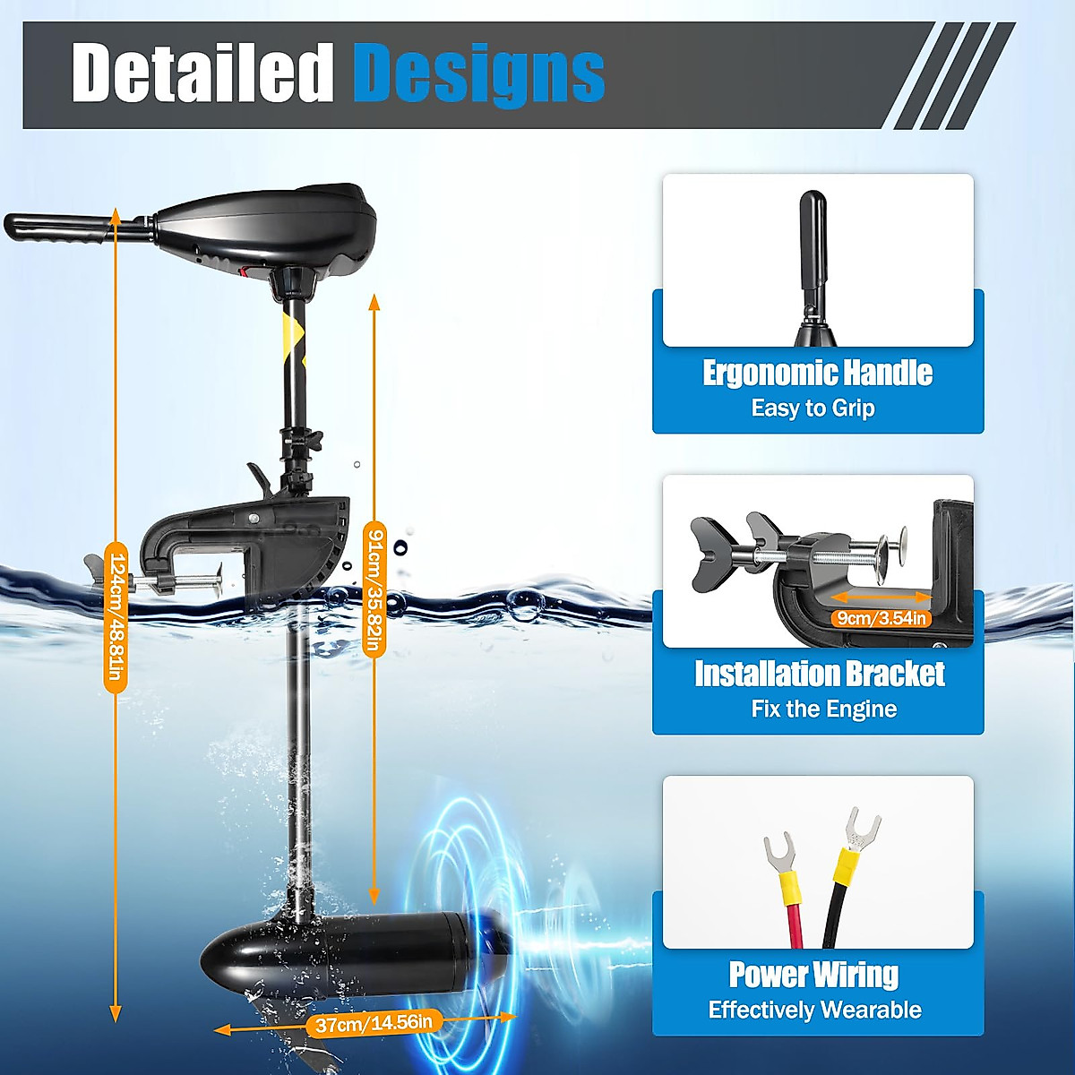 80lb Thrust Electric Trolling Motor Transom Mounted Saltwater Trolling Motor for kayak Inflatable Boat,36" Shaft