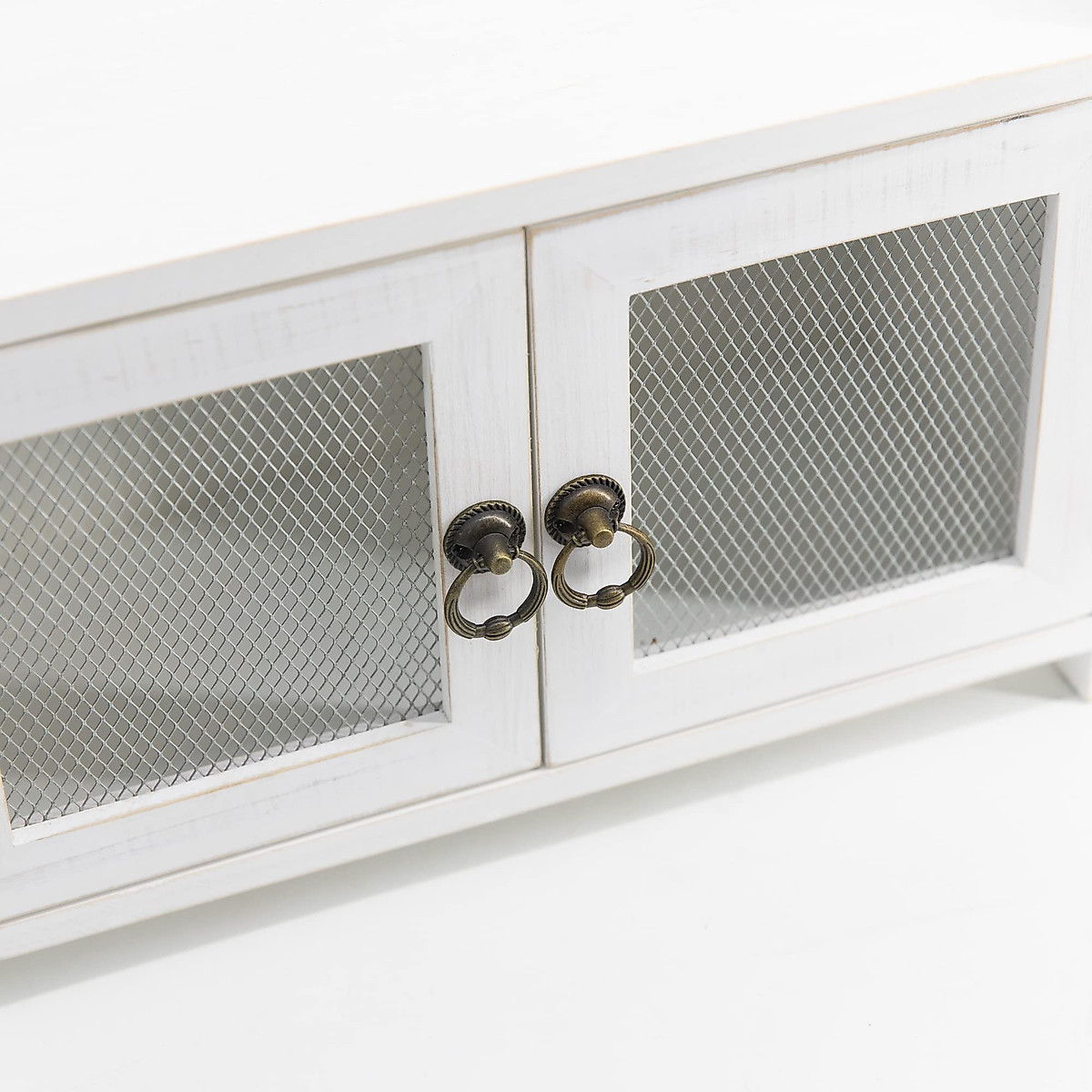 COLLECTIVE HOME - Storage Cabinet, Mini Countertop Cabinet, Wood Organizer for Kitchen Living Room Bedroom Bathroom Office with Magnetic Door, 14.5 x 6.5 x 10 (White, Wire Netting)