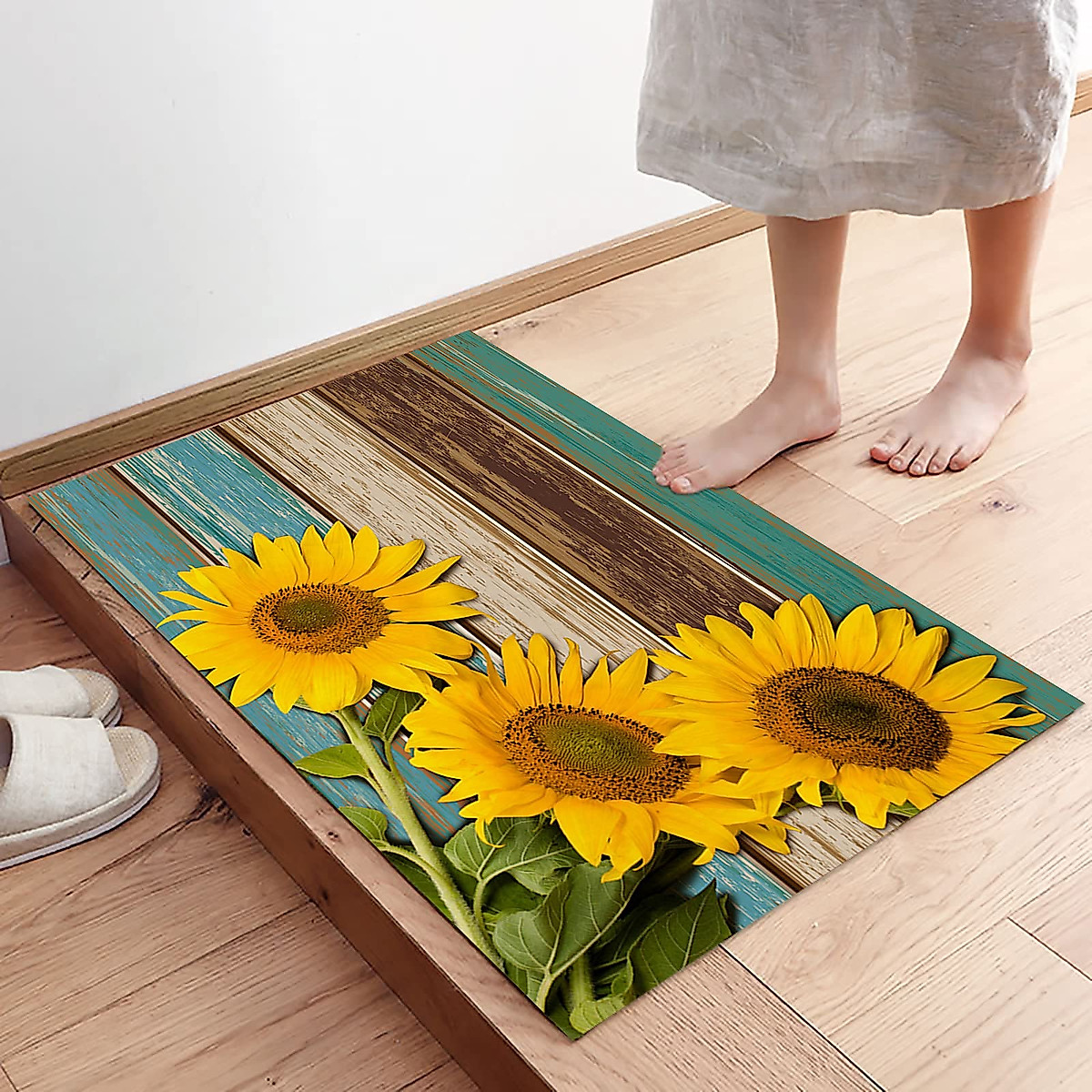 Housein Kitchen Rugs and Mats Non Skid Washable, Wooden Texture Sunflower Absorbent Floor Runner Rugs and Carpets for Kitchen, Lau 15.7x23.6 inch+15.7x47.2 inch