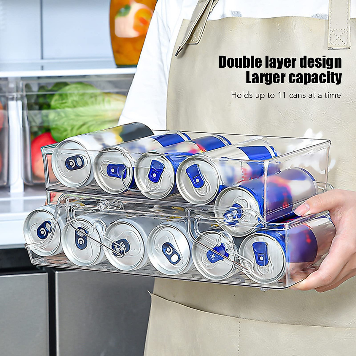 Beverage Can Organizer Bins for Refrigerator, Double Layers Soda Can Storage Organizer, Can Dispenser Beverage Holder, Plastic Food Pantry Storage Rack for Kitchen, Automatic Replenishment