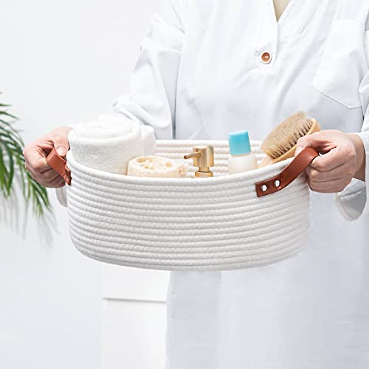 CHICVITA Small Woven Basket for Shelves, Cotton Rope Storage Basket Dog Toy Basket, Empty Gift Basket with Handles, White Toilet Paper Tank, 12 x 8 x 5 inches, 2 Pcs