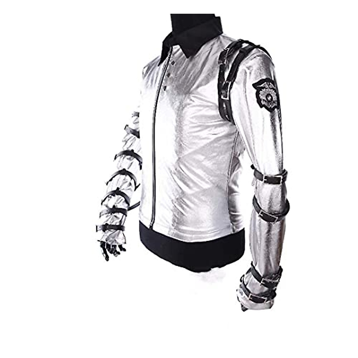 III-Fashions Men's Classic Michael Pop Bad Concert Tour Punk Belts Costume Silver Satin Biker Jacket, Medium