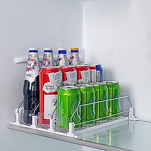 Drink Organizer for Fridge, Self-Pushing Soda Can Organizer for Counter Refrigerator, Width Adjustable Pusher Glide, White, 12”depth-3rows
