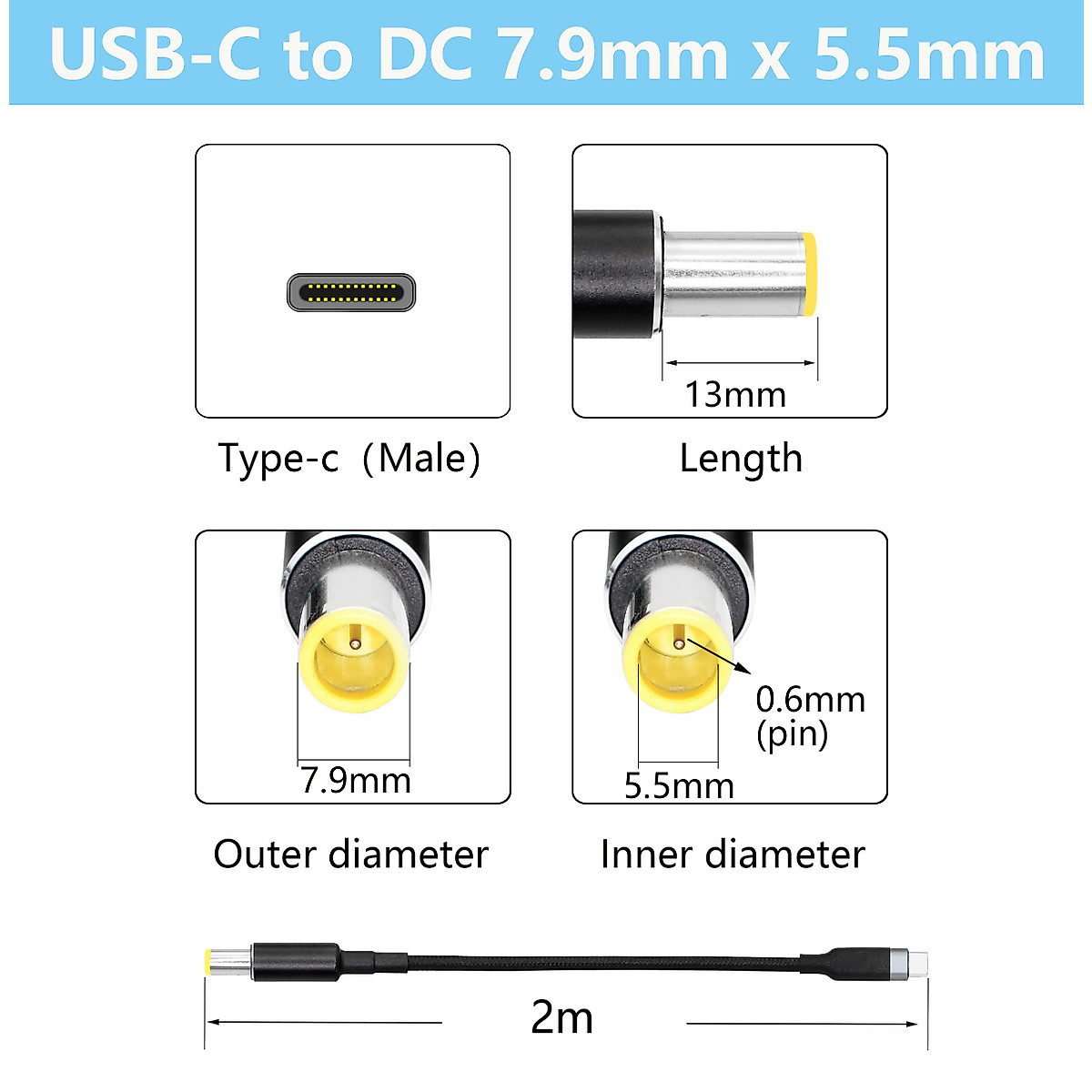 CERRXIAN 6.5ft 100W PD USB Type C Male Input to DC 7.9 x 5.5mm Male Power Charging Cable for Compatible with Lenovo Thinkpad T400 T410 T420 T420s T500 T520 T530 E545 T61 X140e X230(7955-100W)