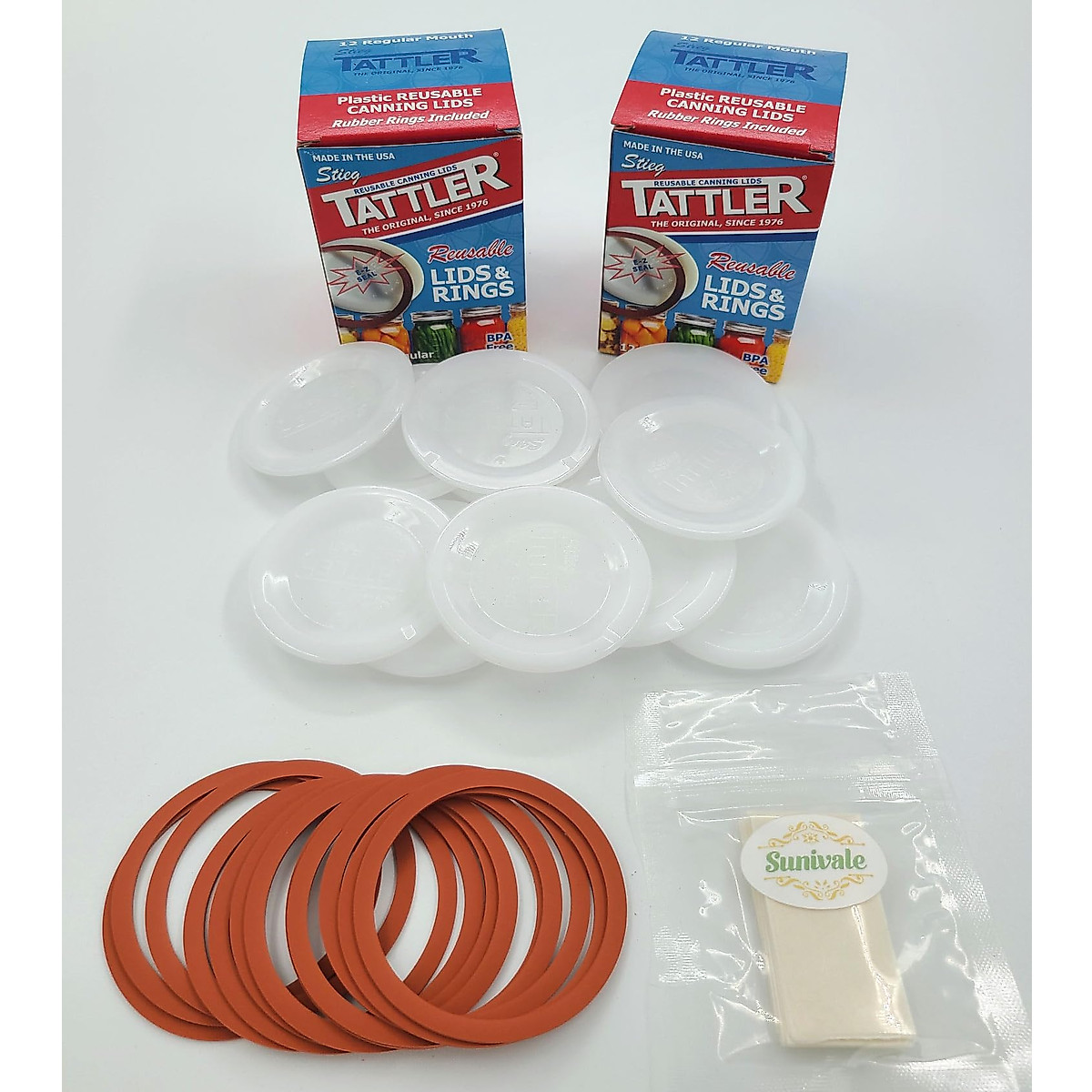 Reusable Canning Lids Bundle Includes 24 Regular Mouth Tattler Lids and Rings and 24 Dissolvable Sunivale Jar Labels For Use With Hot Water Bath, Vacuum Sealer and Pressure Canning Methods Made in USA