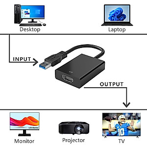 KUPOISHE USB to HDMI Adapter for Monitor Windows 11/10 / 8, HDMI USB Converter for Laptop Mac MacBook pro, USB 3.0 USB 2.0 HDMI Cable Multiple Monitors for Desktop PC TV, Black