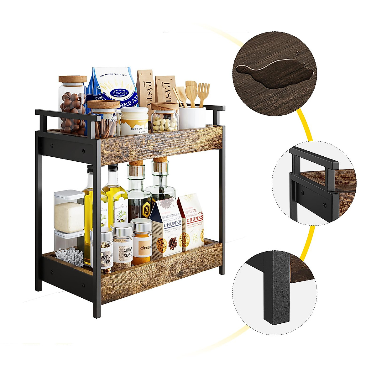 KLM Countertop Coffee Station Organizer, 2 Tier Wooden Shelf for Coffee Bar Accessories, Condiment Storage Caddy for Kitchen, Bathroom Counter Organizer, Home, Office - Brown