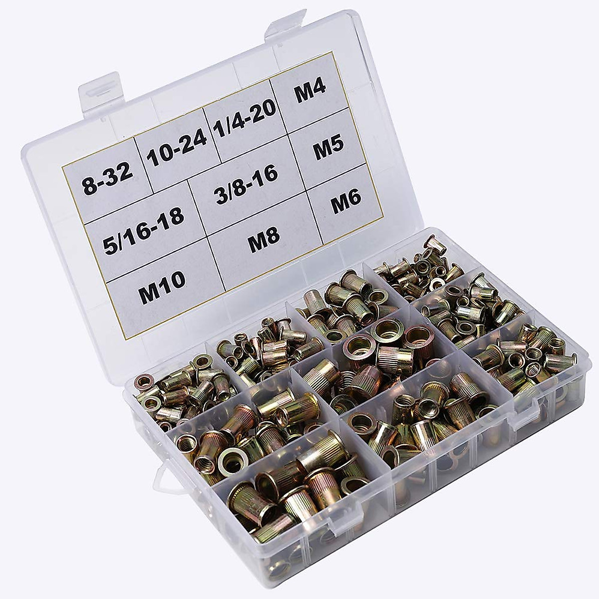 340PCs Rivet Nuts 8-32 10-24 1/4-20 5/16-18 3/8-16 Metric Rivet Nuts M4 M5 M6 M8 M10 Nutsert RIV Nuts Threaded Insert Nuts Kit Carbon Steel