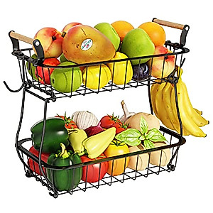 2 Tier Fruit Basket with 2 Banana Hangers, Countertop Fruit Vegetable Basket Bowl for Kitchen Counter Metal Wire Storage Basket Fruits Stand Holder Organizer for Bread Snack Veggies Produce, Black