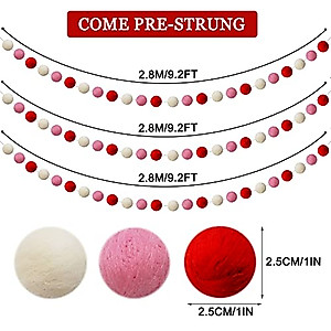 CAVLA 3 Pieces Valentine's Day Felt Ball Garlands Valentines Day Red Pink White Pom Pom Garlands 1 Inch Valentines Pompom Ball Banner for Mother's Day Wedding Engagement Hanging Decorations
