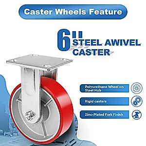 6 Inch Industrial Fix Casters Heavy Duty No Noise Polyurethane Wheel on Steel Hub, 1200 Lbs Load Capacity Per Rigid Casters for Utility Cart, Dollies (2 Pack)