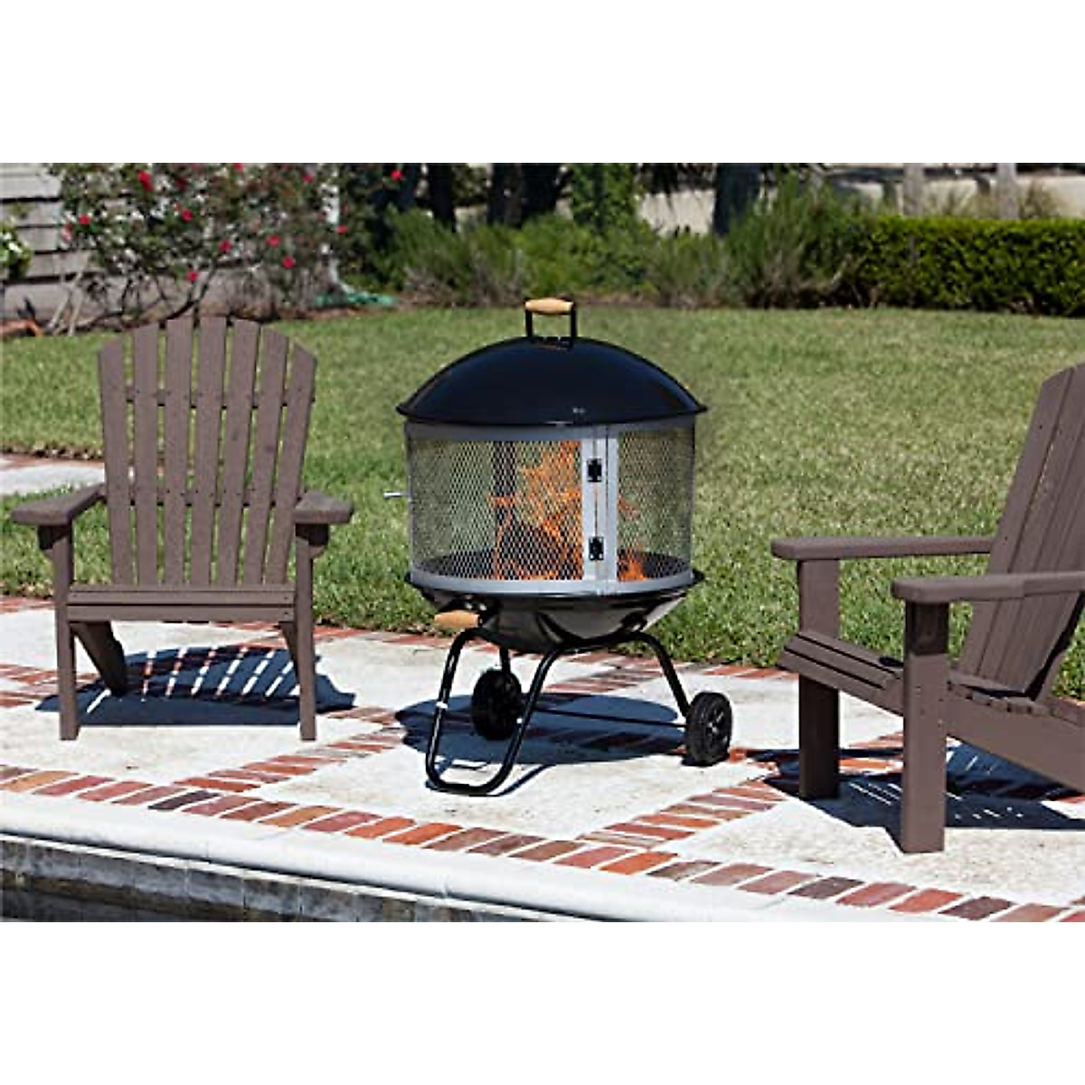 Fire Sense 01471 Fire Pit Bessemer Rolling Patio Fireplace Wooden Bonfire Porcelain Enamel Wood Burning with Wheels & Handle Grip for Outdoor Entertaining - Black & Silver - 28"