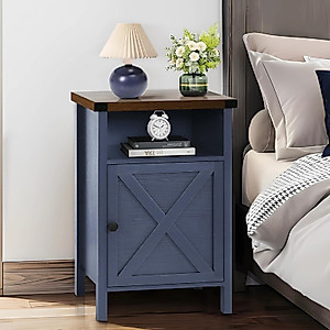 Farmhouse Nightstand, End Table, End Tables with Barn Door and Shelf, Modern Bed Side Table Rustic Nightstands Set for Bedroom, Living Room, Set of 2, Navy Blue