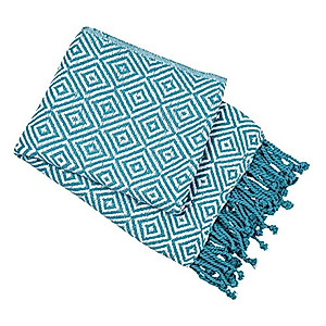 Throw Blanket With Fringes In Diamond Design 50x60 Inch - Teal White Cotton Throw For Sofa, Chair, Bed, & Everyday Use, Well crafted for durability, Farmhouse Throw,All Season Throw Blanket