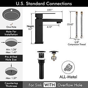 KES Black Bathroom Faucet Single Handle & Bathroom Sink Drain with Overflow, cUPC Certified Vanity Faucet with Pop Up Drain Stopper Stainless Steel Matte Black, L3156ALFF12-BK-C2