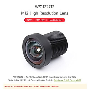 waveshare M12 High Resolution Lens, 12MP, 113° FOV, 2.7mm Focal Length, Compatible with Raspberry Pi Camera M12