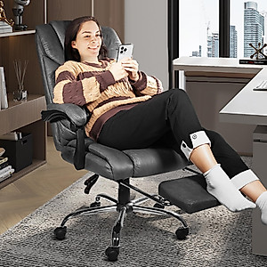 Toszn High Back Executive Office Chair, Reclining Office Chair with Footrest, PU Home Office Desk Chair Adjustable Height, Computer Desk Chair with Lumbar Cushion, Grey