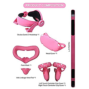 MODJUEGO VR Adjustable Head Strap for Oculus Quest 2 Accessories with Silicone Touch Controller Grip Cover,Barbie Pink 6 in1 VR Shell Protector Cover & VR Face Cover Replacement Set