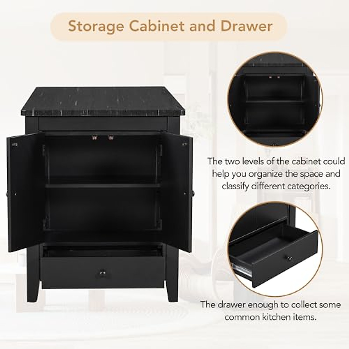 SIYSNKSI Rustic 5-Piece Counter Height Dining Table Set with Faux Marble Tabletop, Solid Wood Rectangle Dining Table with Storage Cabinet and Drawer for Dining Room Kitchen (Black 07)