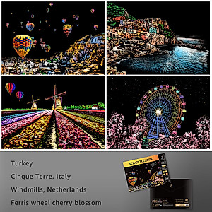 Scratch Art for Teens & Adults, Rainbow Engraving Painting Landscape Scratchboard(A4) Crafts Set: 8 Sheets with 4 Tools - New York, Statue of Liberty, Golden Gate Bridge, Manarola (America/Europe)