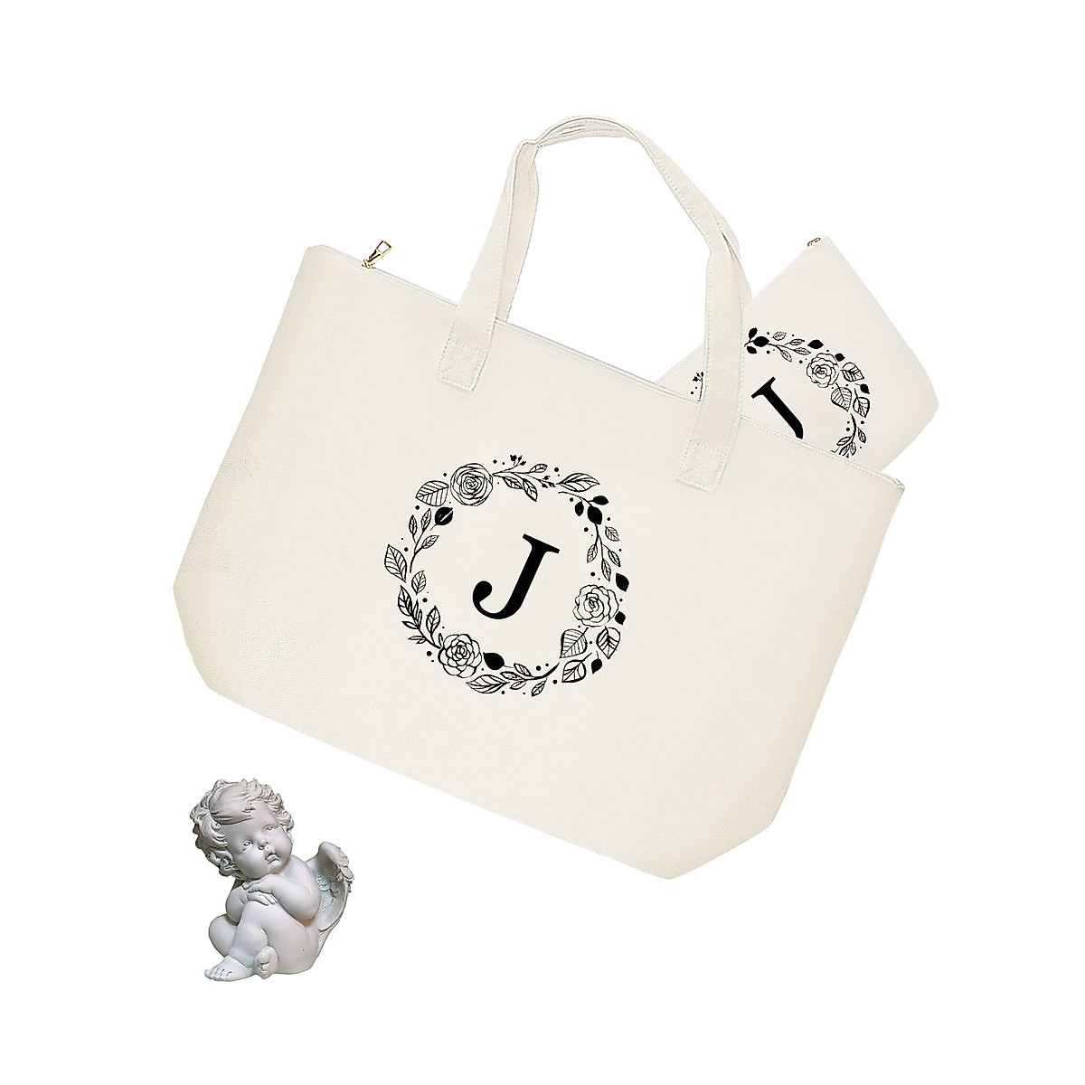 Binggemen Personalized Initial Canvas Tote Bag with Zipper, Present Bag with Inner Pocket & Make Up Bag, Great Gifts for Women, Mom, Teachers, Friends, Bridesmaids