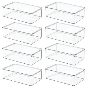 mDesign Plastic Playroom/Game Organizer Box Containers with Hinged Lid for Shelves or Cubbies, Holds Toys, Building Blocks, Puzzles, Markers, Controllers, or Crayons, Ligne Collection, 8 Pack, Clear