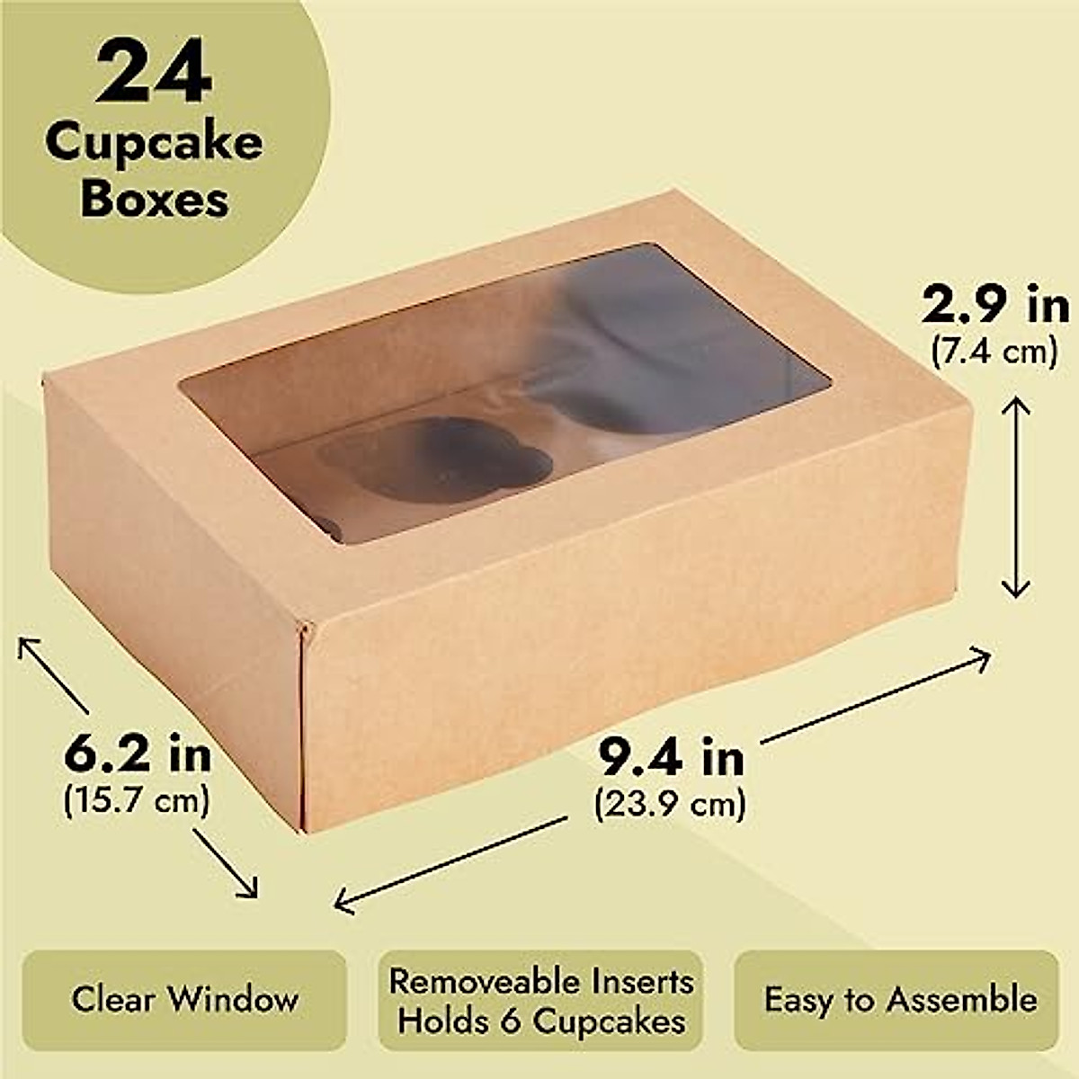 Juvale 24 Pack Cupcake Containers with Windows, 6 x 6 Boxes with 4 Count Inserts for Muffins (Kraft Paper)