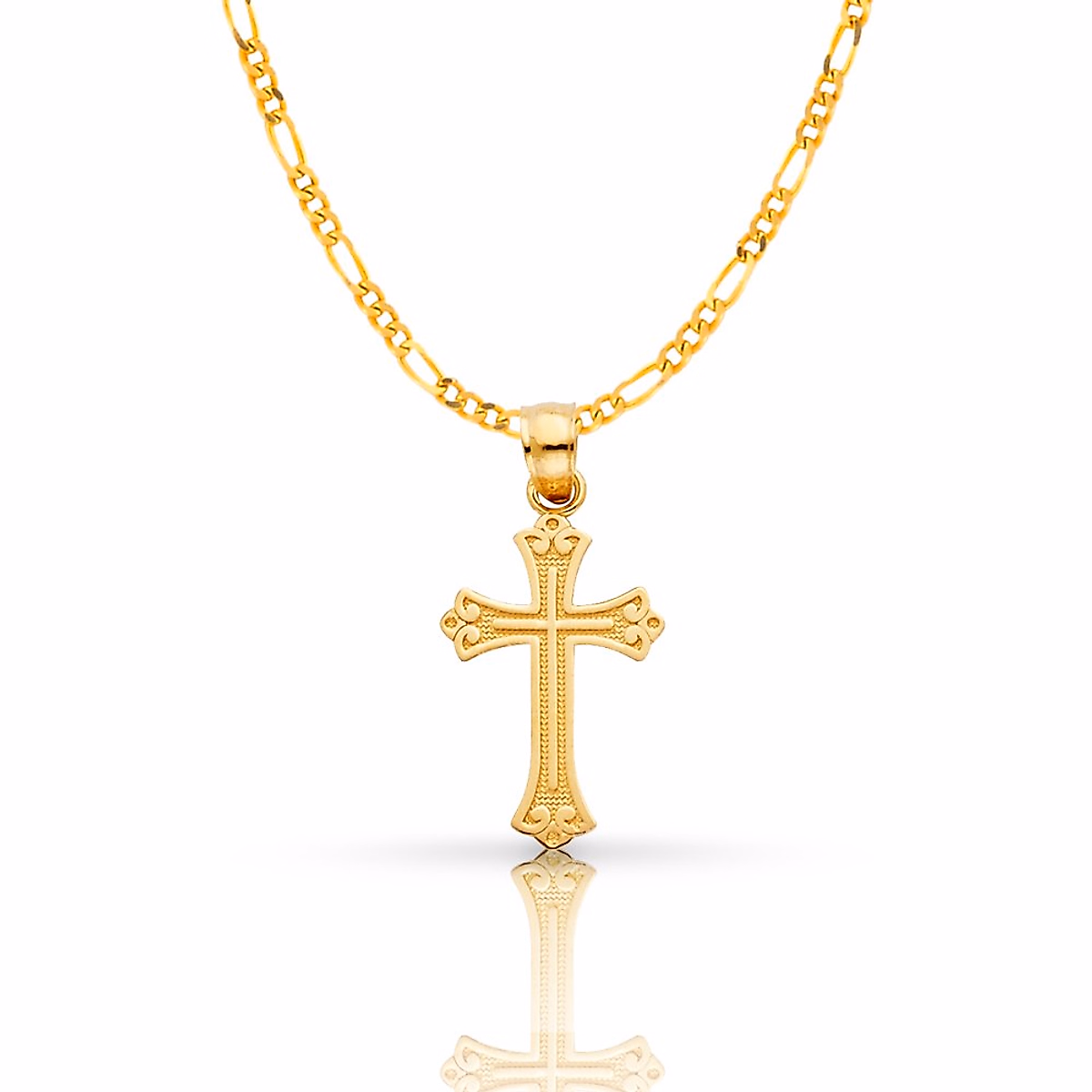 14K Yellow Gold Cross Pendant with 1.9mm Figaro 3+1 Chain Chain Necklace - 16"