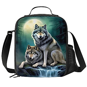 PrelerDIY Wolf Lunch Box - Insulated Lunch Box for Kids Funny 3D Design with Side Pocket & Shoulder Strap Lunch Bag Perfect for School/Camping/Hiking/Picnic/Beach/Travel