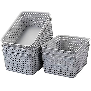 Obstnny 6-Pack Weave Storage Basket, Plastic Pantry Organizer Bins, Sliver Grey