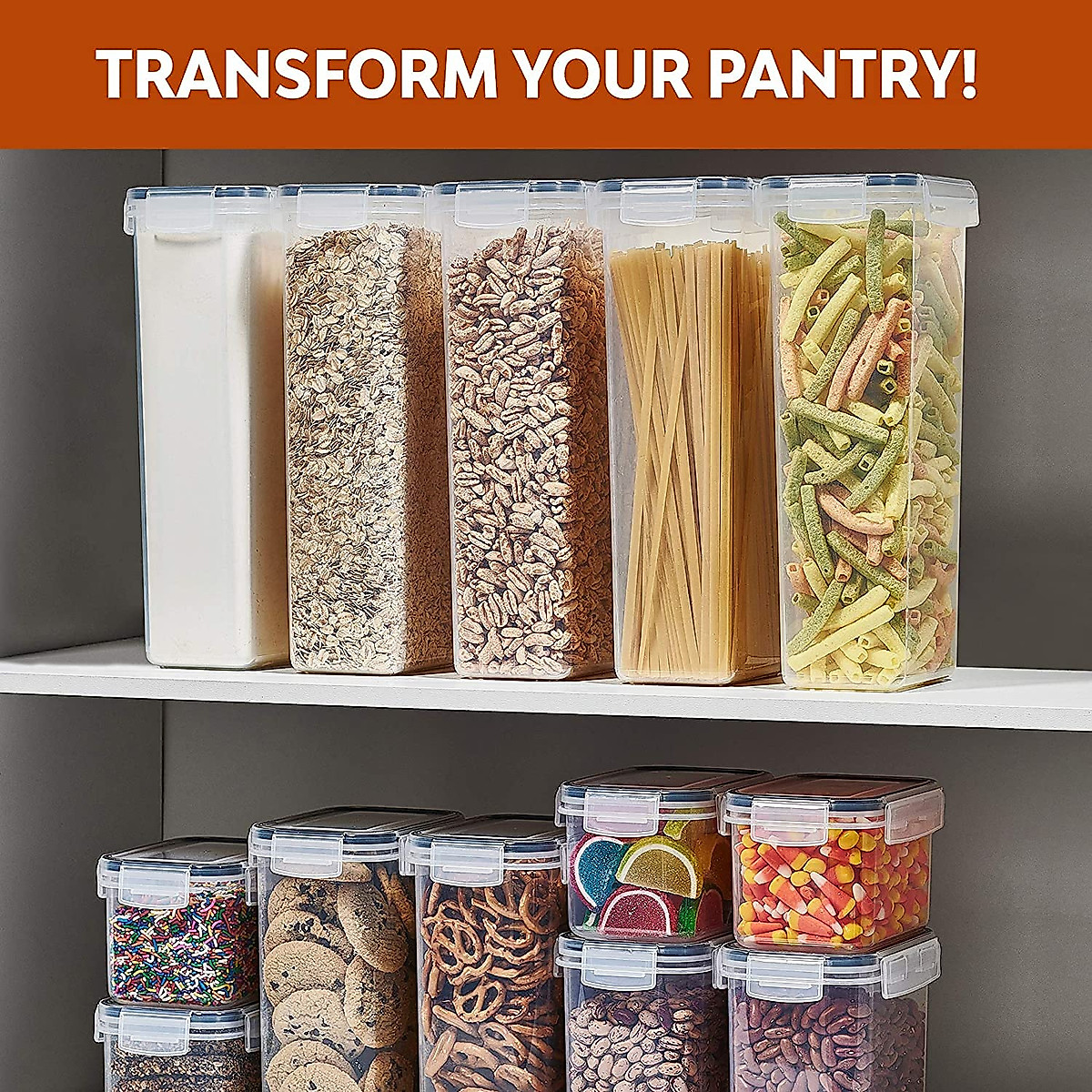 24 Pack Airtight Food Storage Container Set - BPA Free Clear Plastic Kitchen and Pantry Organization Canisters with Durable Lids for Cereal, Dry Food Flour & Sugar - Labels, Marker & Spoon Set