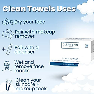 Clean Skin Club Clean Towels, 100% Biobased Dermatologist Face Towel, Disposable Face Towelette, Facial Washcloth, Makeup Remover Dry Wipes, Ultra Soft, 25 count, 1 pack