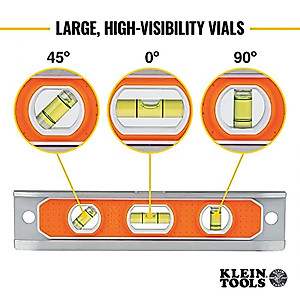 Klein Tools 935R Level, 9-Inch Magnetic Aluminum Torpedo Level with 0/45/90 Degree Vials and V-groove, Tapered Nose