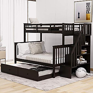 FIQHOME Stairway Twin-Over-Full Bunk Bed with Twin Size Trundle,Bunk Bed Frame Convertible into 2 Beds Storage and Guard Rail for Bedroom, Dorm, for Adults,Espresso