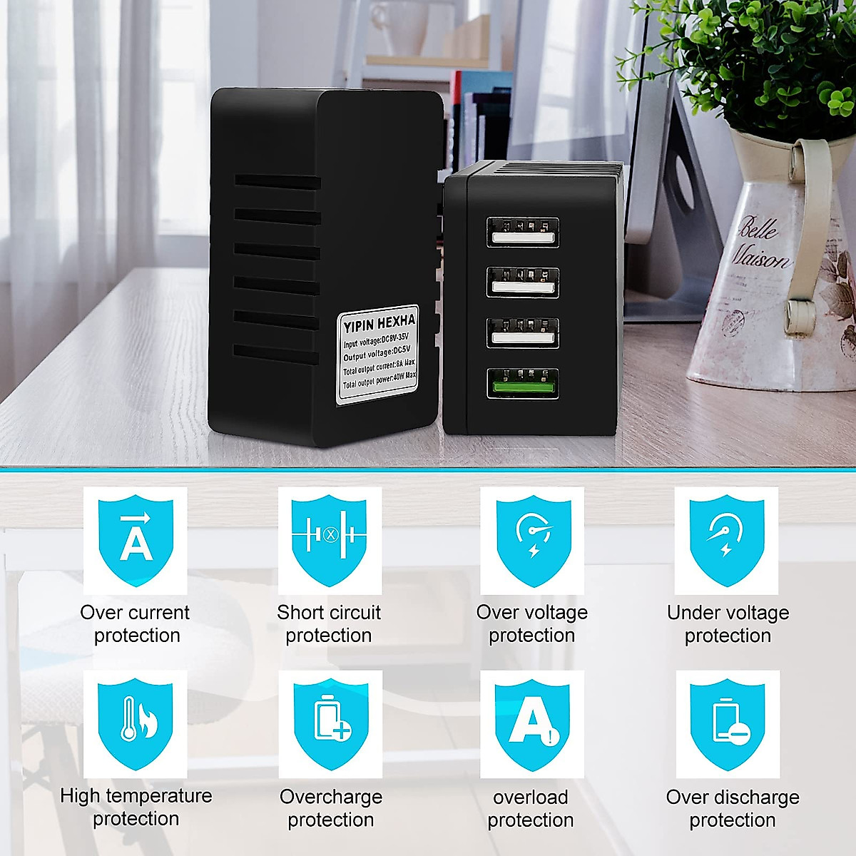 YIPIN HEXHA DC Converter with Battery Clip 12V/24V to 5V 4USB Port DC Power Adapter Buck Charging Module for Apple Android Phone Charging