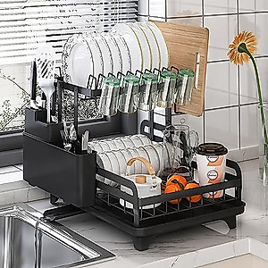 bukfen New Over The Counter Dish Rack(16.3 * 11.4 * 10.8in, Black), 2-Tiers, No Installation Stainless Steels Multifunctional Dish Drying Rack for Draining Plates