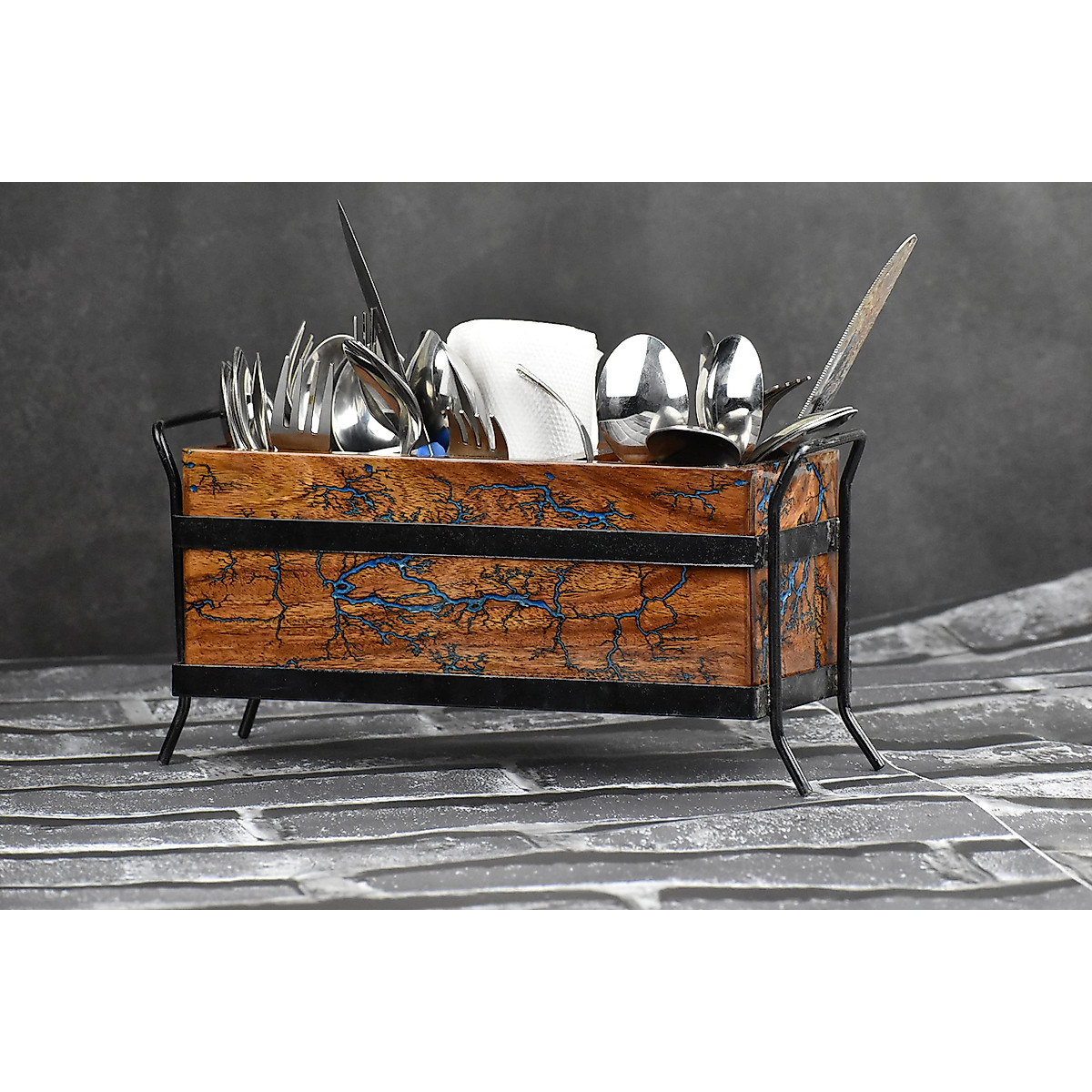 Utensil Caddy Silverware Cutlery Holder with 3 Compartment, Wooden Utensil Crock Flatware Organizers with Iron Stand, Rustic Kitchen Utensil Organizers for Farmhouse Kitchen and Countertop