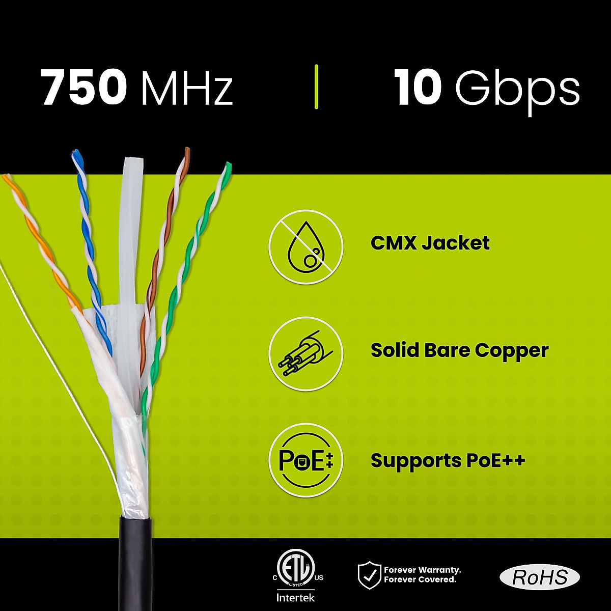 trueCABLE Cat6A Direct Burial, 1000ft, Waterproof, Outdoor Rated CMX, Black, 23AWG Solid Bare Copper, 750MHz, PoE++ (4PPoE), ETL Listed, Unshielded UTP, Bulk Ethernet Cable