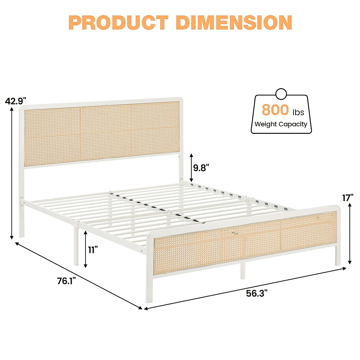 GAOMON Full Size Rattan Bed Frame with Headboard, Modern Style Cane Boho Bed Frames with Heavy Duty Sturdy Steel Slat Support, No Box Spring Needed, White