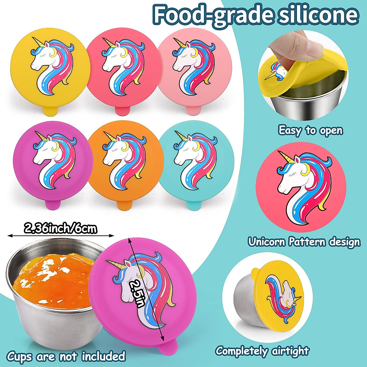 Salad Dressing Container Silicone Lids, 6 Pack Replacement Lids for Most Diameter 2.36in Stainless Steel Condiment Sauce Cups, Kids Bento Lunch Box Accessories (Cups are not Included)