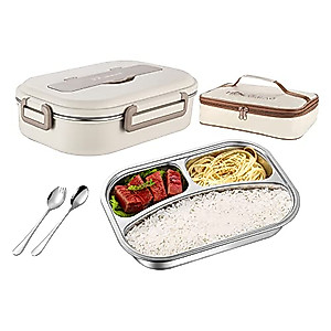 Lunch Box,1000ml Stainless Steel Bento Box,Versatile 3-Compartment Portable Lunch Box Container-Salad Lunch Containers for Adults/Kids with Spoon Fork Thermos Bag Accessories (Creamy White)