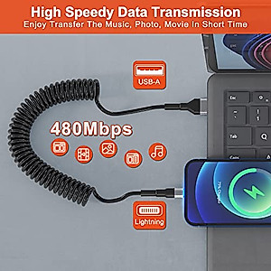 Coiled Lightning Cable Apple Carplay Compatible [Apple MFi Certified] Short USB to Lightning Apple Carplay Cable with Data Sync and LED, Retractable iPhone Charger Cord for iPhone/Pad/Pod