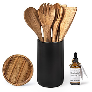 Lanzo Design Kitchen Utensil Set, 8 pcs Wooden Cooking Utensils Spatula Set with Ceramic Holder (Black Holder)